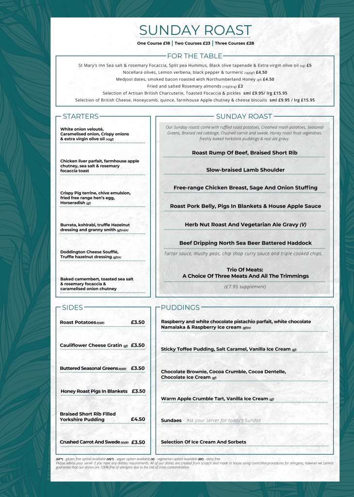 Sunday Lunch Menu | St Mary's Inn